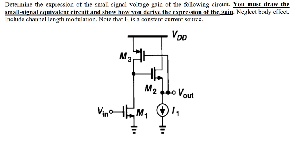 Determine the expression of the small-signal voltage gain of the following circuit. You must ...
