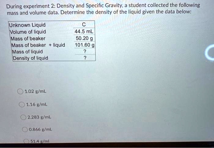 SOLVED: During experiment 2: Density and Specific Gravity, a student collected the following ...