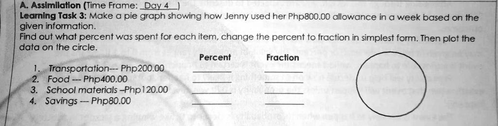 SOLVED: Assimilation (Time Frame: Day 4 Learning Task 3: Make a pie graph showing how Jenny used ...