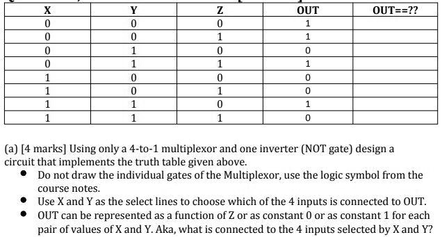 SOLVED: OUT OUT-=?? (a) [4 marks] Using only a 4-to-1 multiplexer and one inverter (NOT gate ...