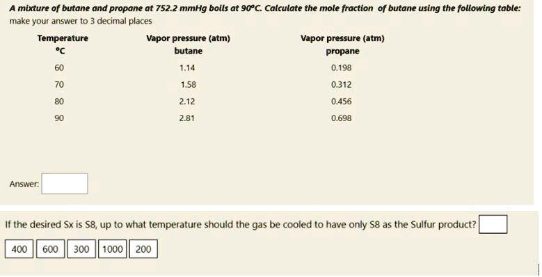 SOLVED: A mixture of butane and propane at 752.2 mmHg boils at 90Â°C ...
