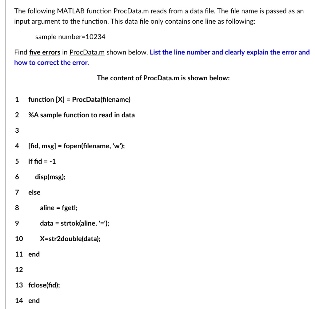 Solved The Following Matlab Function Procdatam Reads From A Data File The File Name Is Passed