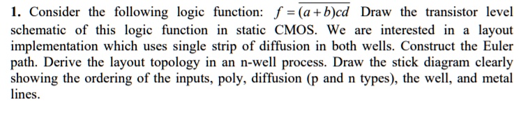 SOLVED: Consider the following logic function: f = (a + b)cd. Draw the ...