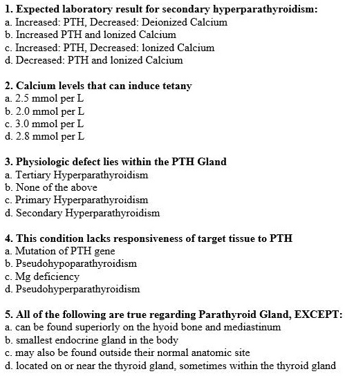 1. Expected laboratory result for secondary hyperparathyroidism: a ...