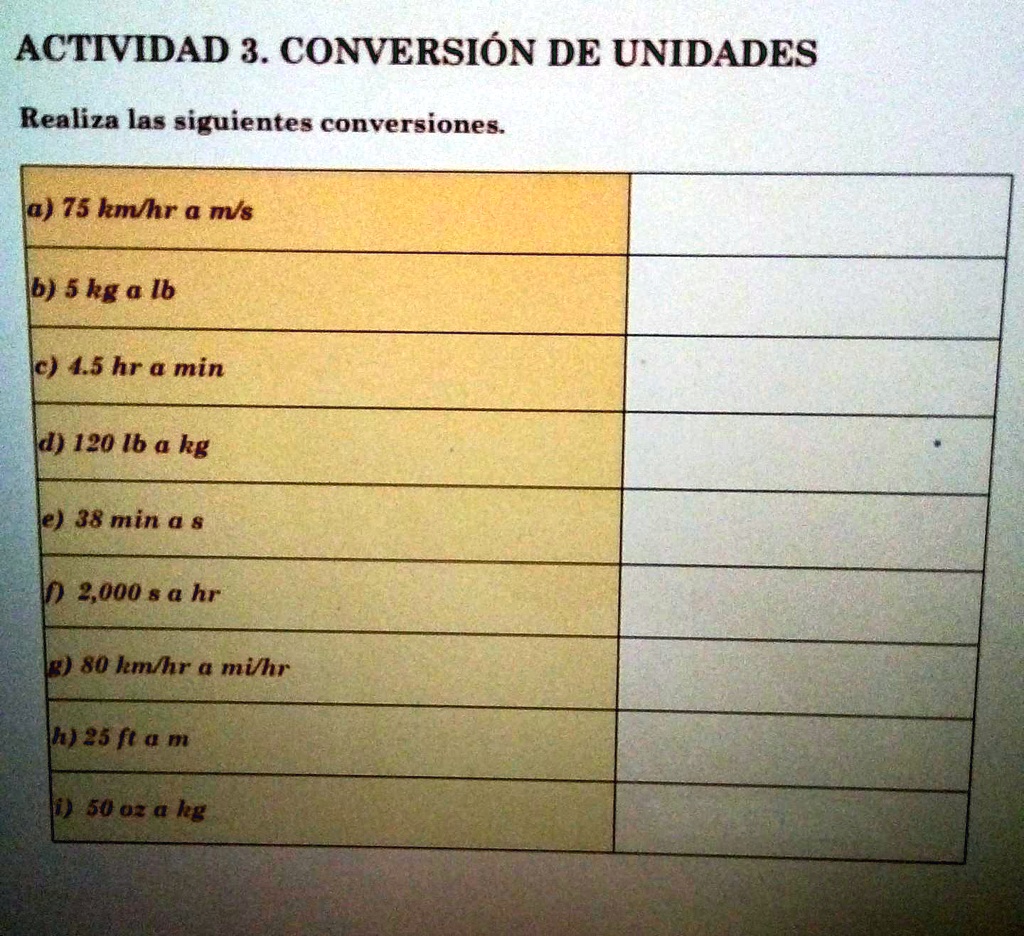 SOLVED: ayuda por favor no le entiendo. ACTIVIDAD 3. CONVERSIÓN DE UNIDADES Realiza las ...