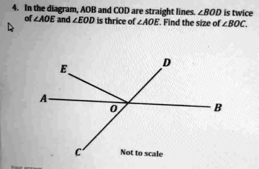4. In the diagram, AOB and COD are straight lines. ∠BOD is twice of ∠AOE and ∠EOD is thrice of ∠ ...