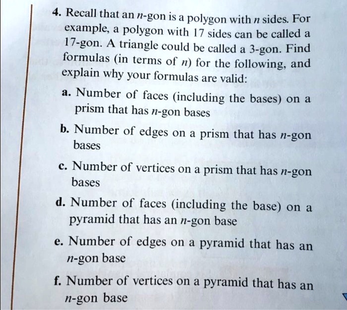 SOLVED: Recall that an n-gon is a polygon with sides For example; a ...