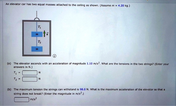 SOLVED: An elevator car has two equal masses attached to the ceiling as shown: (Assume m = 4.20 ...