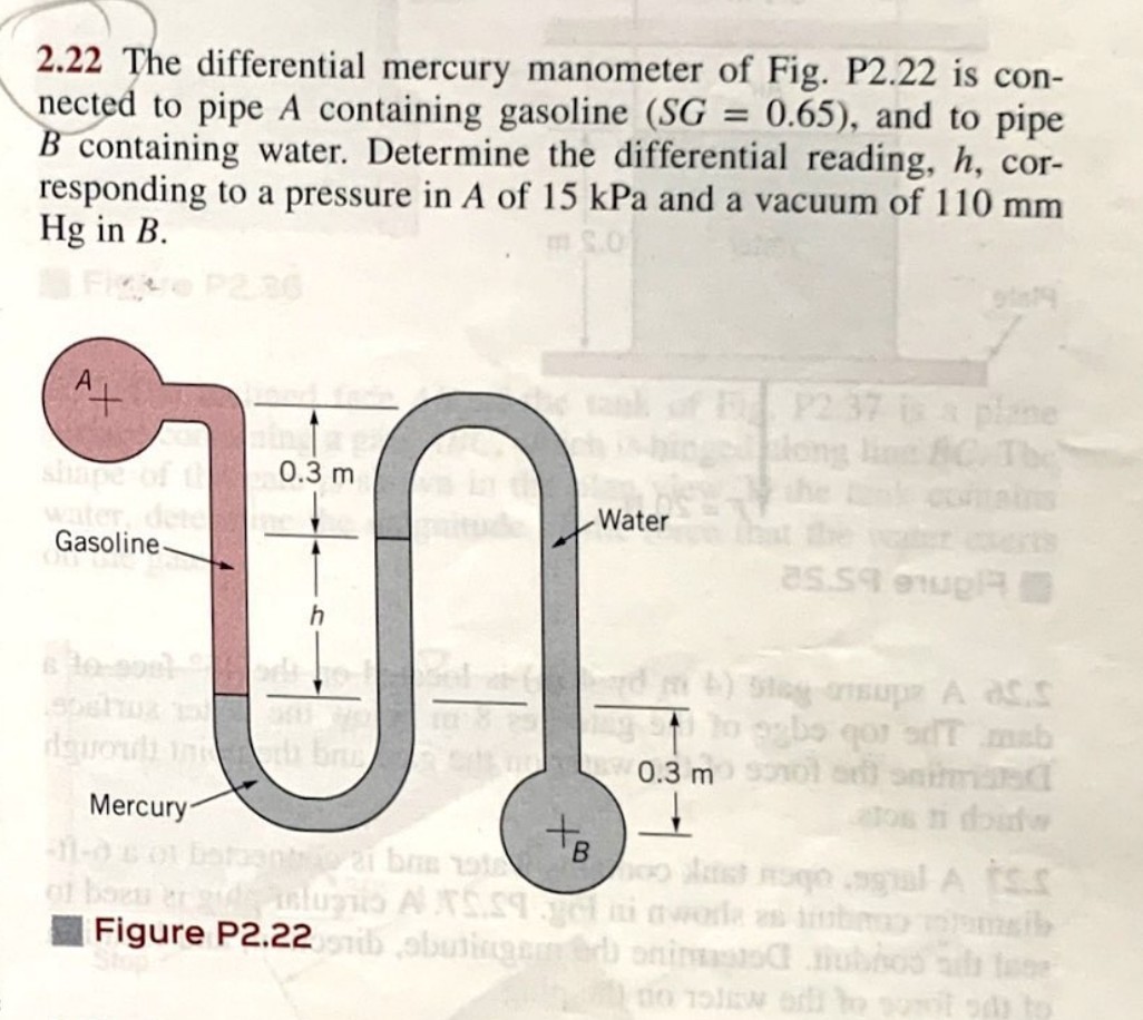 2.22 The differential mercury manometer of Fig. P2.22 is connected to pipe A containing gasoline ...