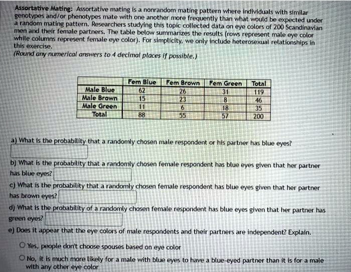 SOLVED: Assortative Mating: Assortative mating is nonrandom mating pattern where individuals ...