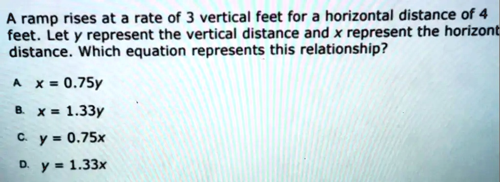A ramp rises at a rate of 3 vertical feet for a horizontal...