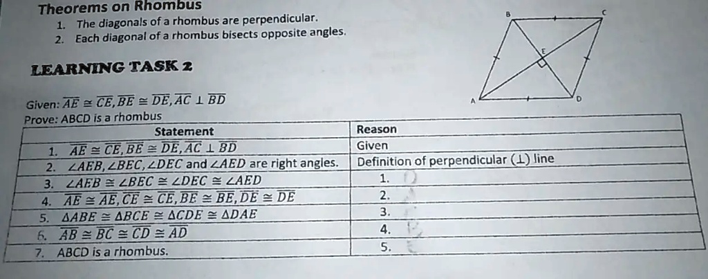 SOLVED: Theorems on Rhombus: The diagonals of a rhombus are perpendicular. Each diagonal of a ...