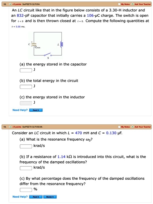 SOLVED: HJelnh Renalen An LC circuit like that in the figure below consists of 3.30-H inductor ...