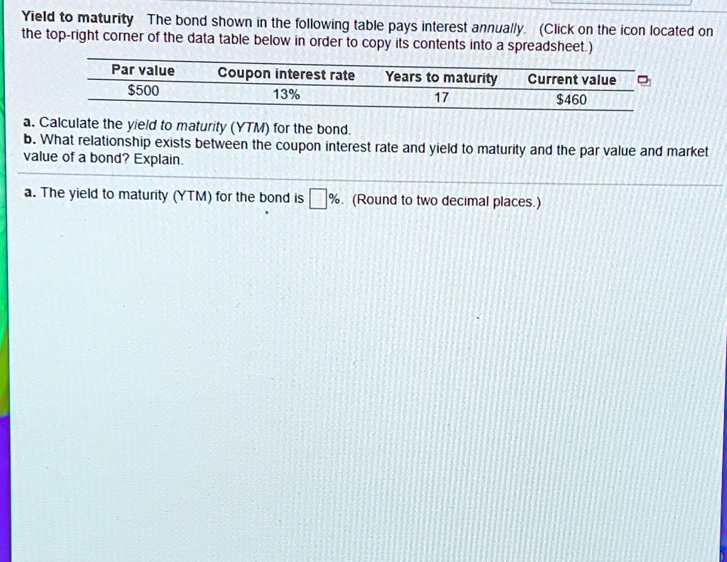 SOLVED: Yield to maturity. The bond shown in the following table pays ...