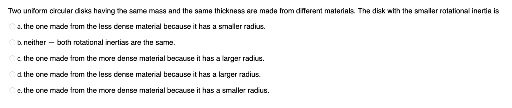 SOLVED: Two uniform circular disks having the same mass and the same thickness are made from ...