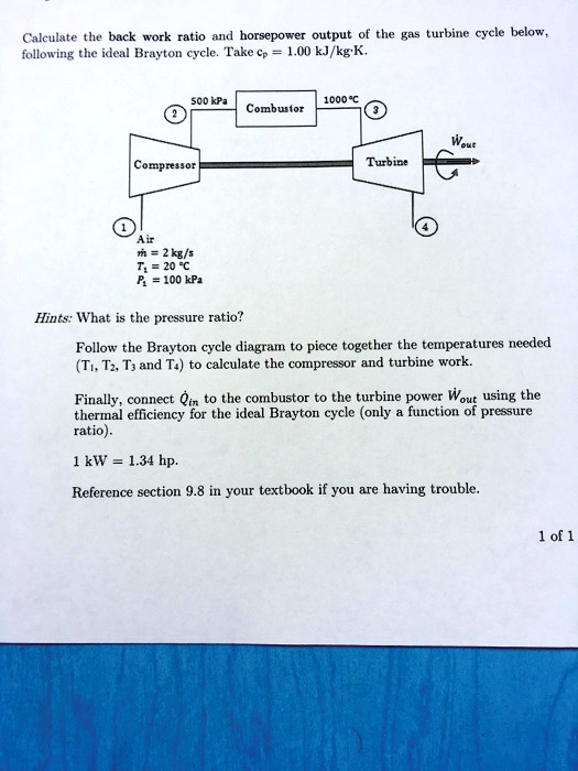 SOLVED: Calculate the back work ratio and horsepower output of the gas turbine cycle below ...