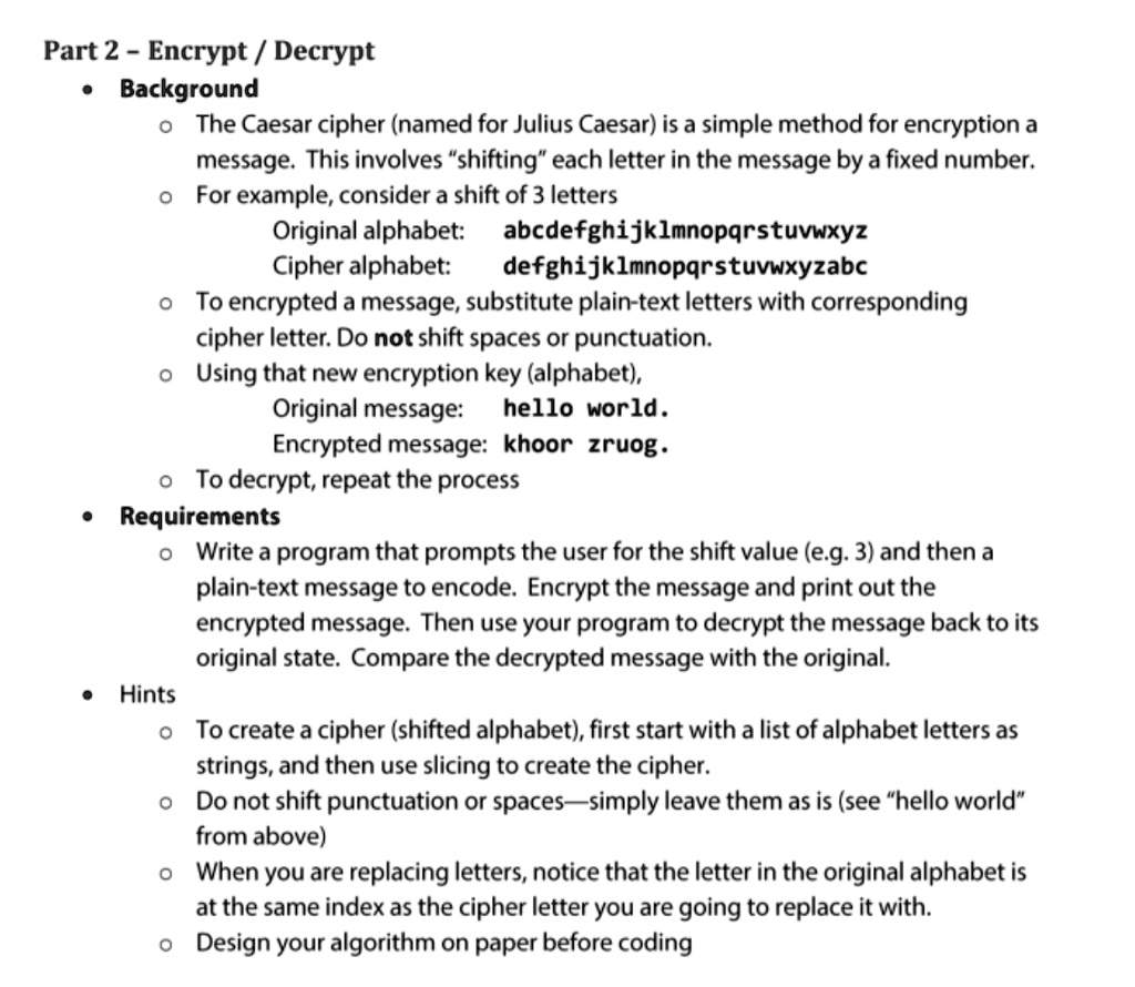 Solved Part 2 Encrypt Decrypt Background The Caesar Cipher Named For Julius Caesar Is A