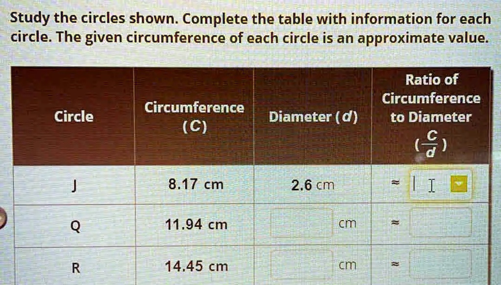 SOLVED: Study the circles shown. Complete the table with information ...