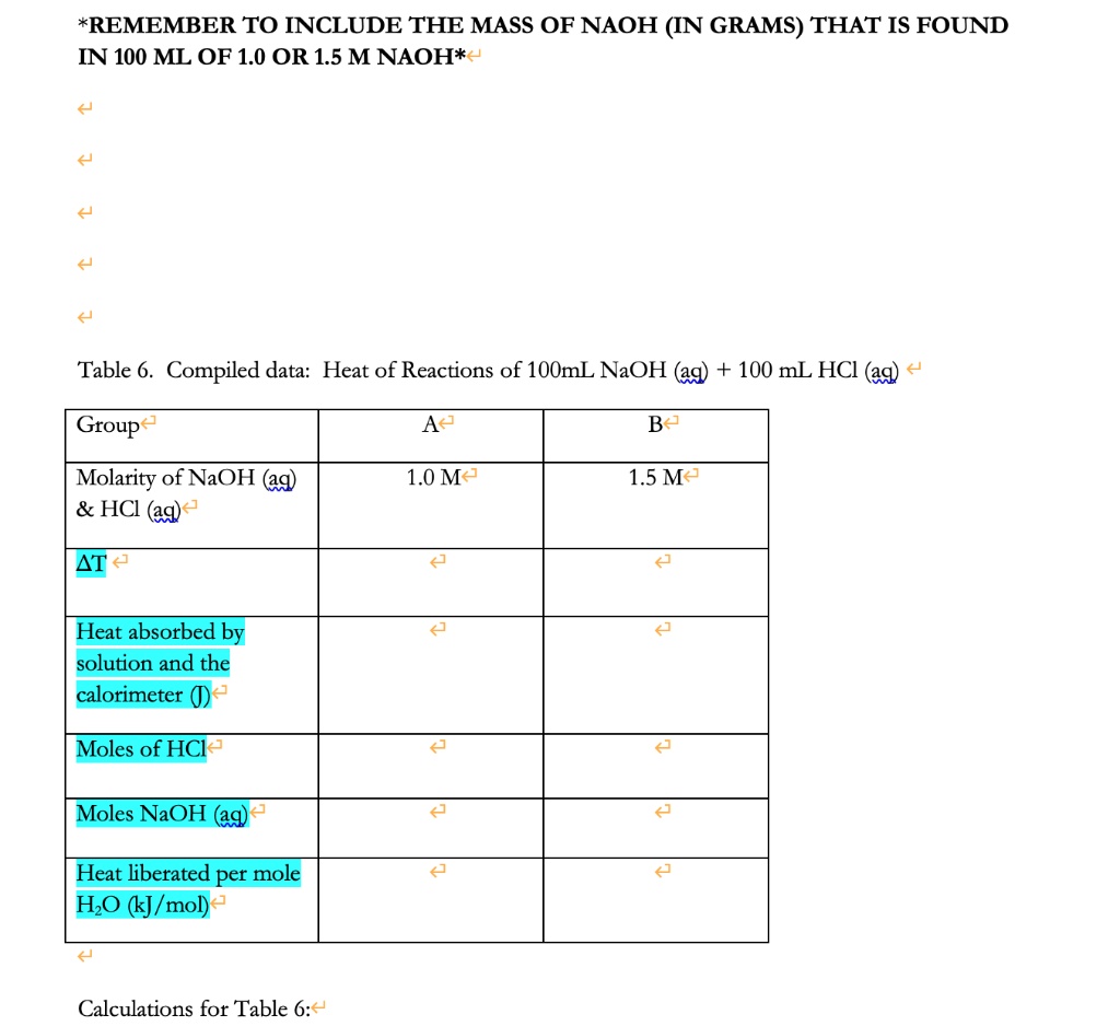 SOLVED: *REMEMBER TO INCLUDE THE MASS OF NAOH (IN GRAMS) THAT IS FOUND IN 100 ML OF 1.0 OR 1.5 M ...