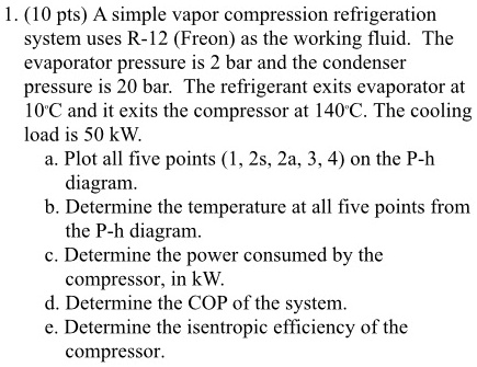 SOLVED: A simple vapor compression refrigeration system uses R-12 (Freon) as the working fluid ...