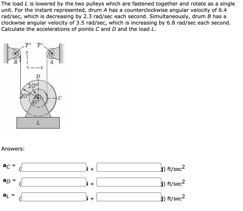 SOLVED: The load L is lowered by the two pulleys which are fastened together and rotate as a ...