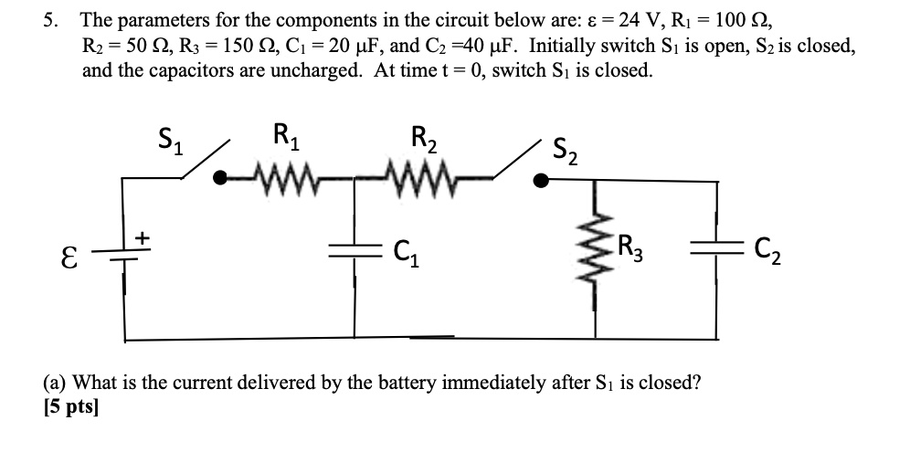 SOLVED:The parameters for the components in the circuit below are: & = 24 V, Ri 100 9, Rz = 50 0 ...