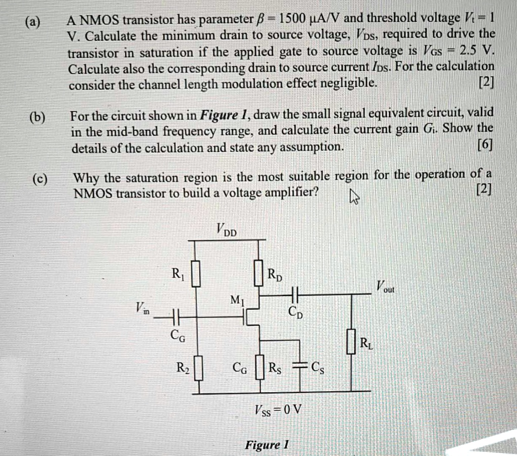(a) A NMOS transistor has parameter β = 1500 μ A/V and threshold voltage Vt = 1 V. Calculate the ...
