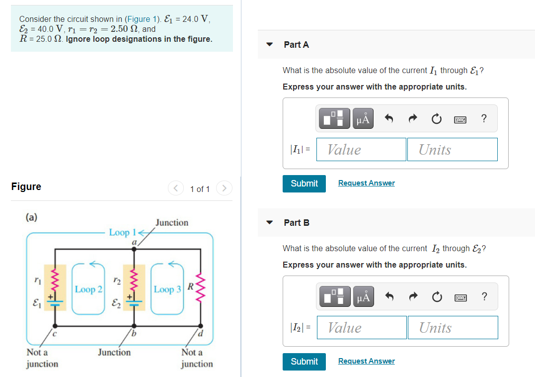 Consider the circuit shown in (Figure 1). ℰ1=24.0 V, ℰ2=40.0 V, r1=r2=2 ...