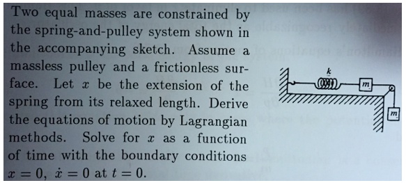 SOLVED: Two equal masses are constrained by the spring-and-pulley system shown in the ...