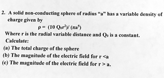 SOLVED: A solid non-conducting sphere of radius "a" has a variable density of charge given by p ...