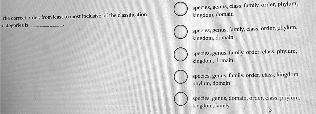 SOLVED: The correct order, from least to most inclusive, of the ...