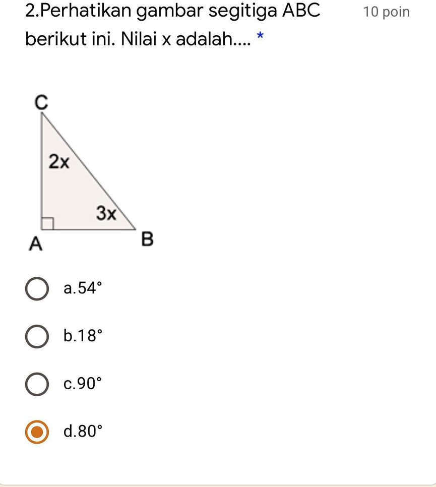 SOLVED: Perhatikan gambar segitiga ABC berikut ini. Nilai x adalah ...
