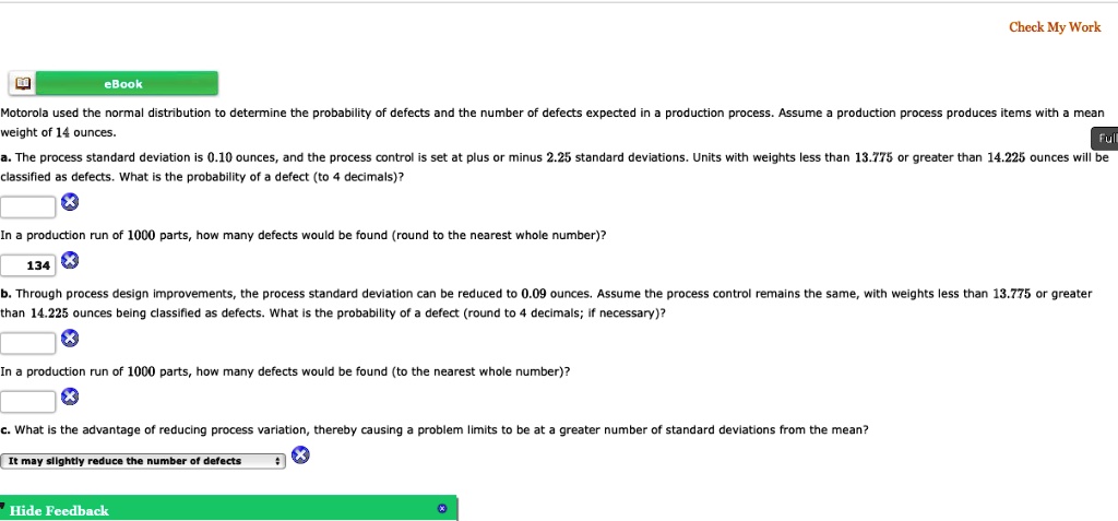 SOLVED: Check My Work eBook Motorola uscd the normal distribution determine the probability ...