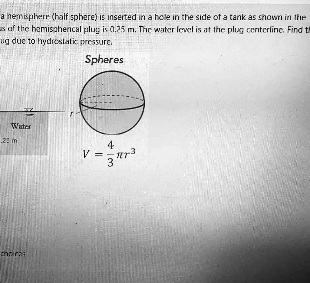 SOLVED: A hemisphere (half sphere) is inserted in a hole in the side of a tank, as shown in the ...