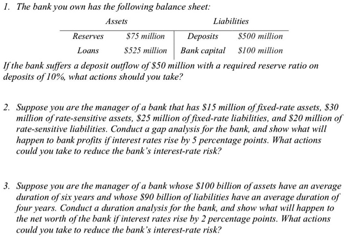 l the bank you own has the following balance sheet assets liabilities ...