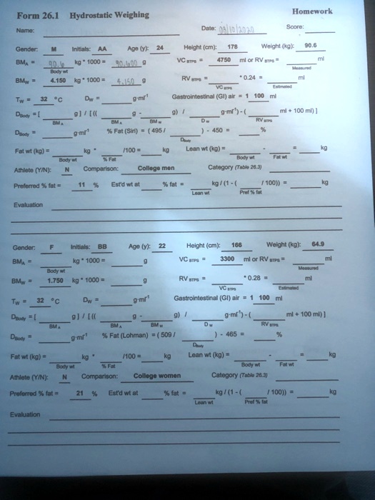 SOLVED: Title: Hydrostatic Weighing for Body Composition Analysis Form ...