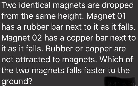 two identical magnets are dropped from the same height magnet 01 has a ...