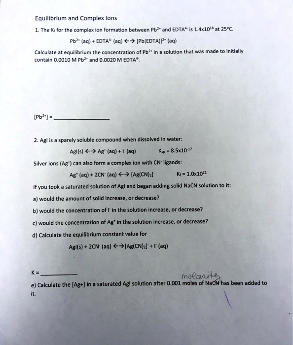 SOLVED: Equilibrium and Complex Ions The Kr for the complex ion ...