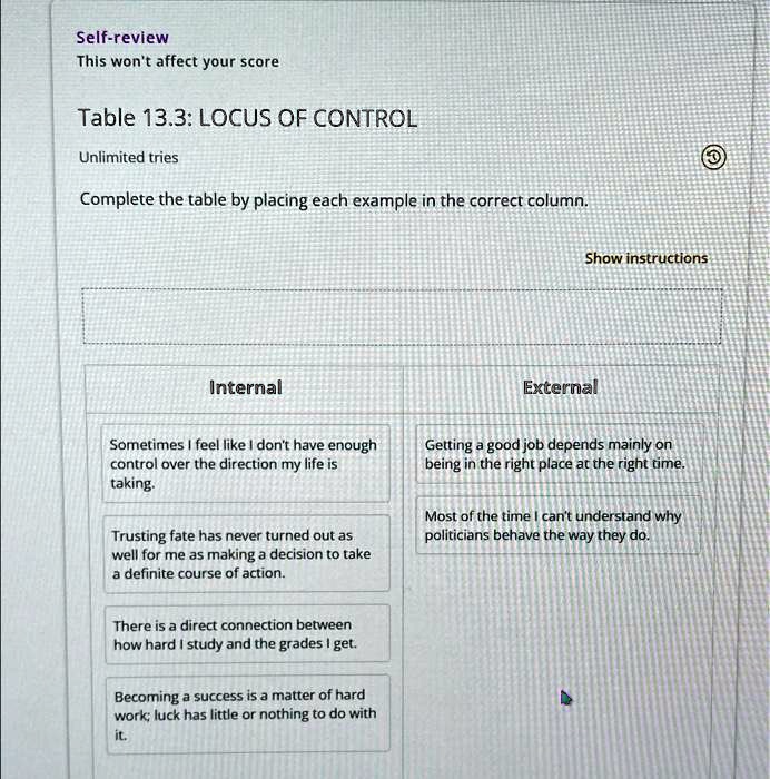 Self-review This won't affect your score Table 13.3: LOCUS OF CONTROL Unlimited tries Complete ...