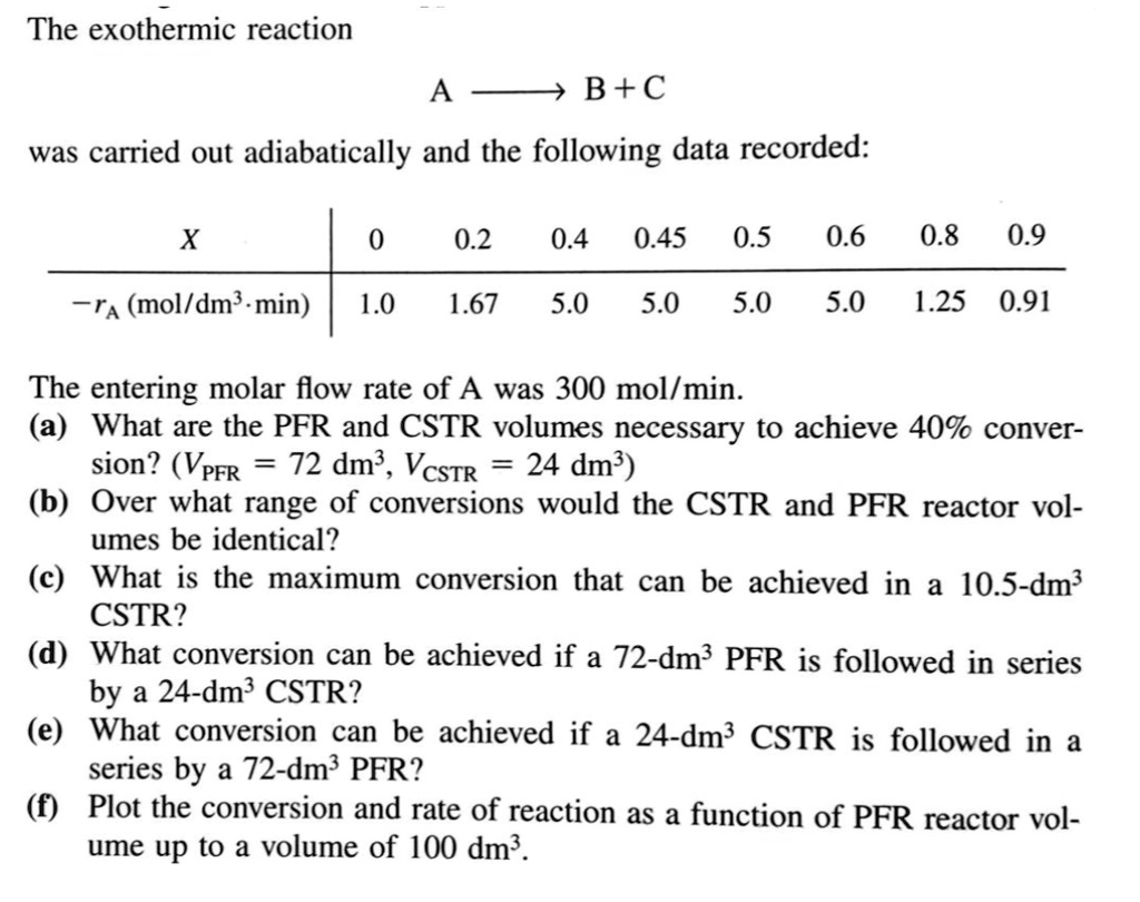 SOLVED: The exothermic reaction A → B+C was carried out adiabatically and the following data ...