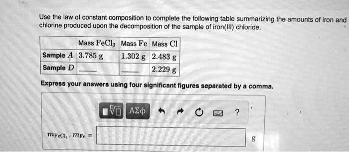 use the law of constant composition to complete the following table ...