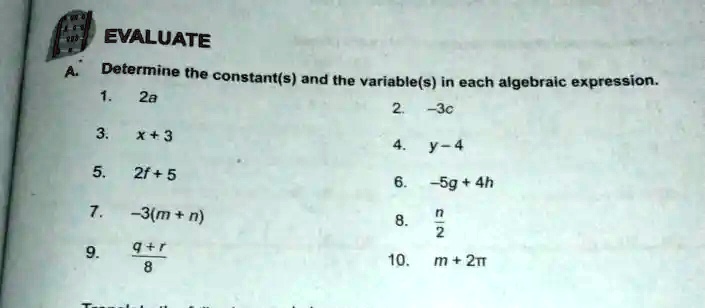 A. EVALUATE Determine the constant(s) and the variable(s) in each algebraic expression. 1. 2a 2 ...