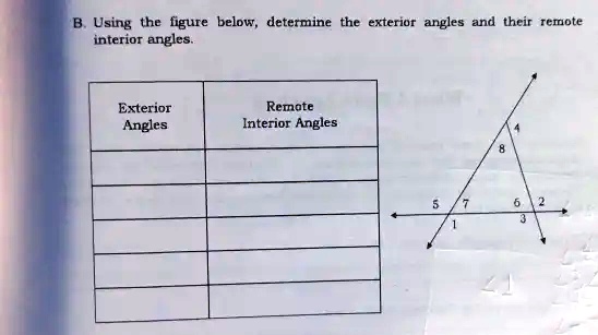 Using the figure below, determine the exterior angles and their remote ...