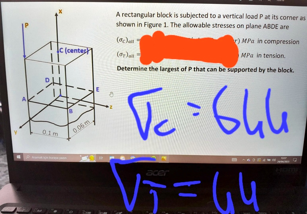 SOLVED: A rectangular block is subjected to a vertical load P at its corner as shown in Figure 1 ...