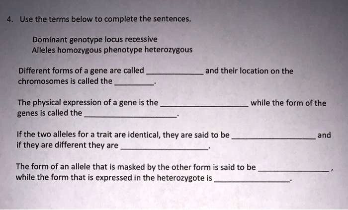 use the terms below to complete the sentences dominant genotype locus ...