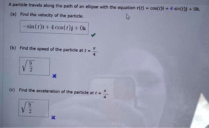 A particle travels along the path of an ellipse with the equation r(t) = cos(t)i + 4 sin(t)j ...