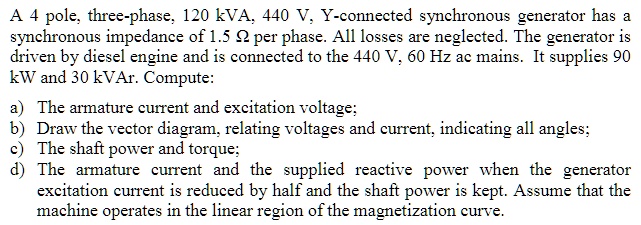 SOLVED: A 4-pole, three-phase, 120 kVA, 440 V, Y-connected synchronous ...