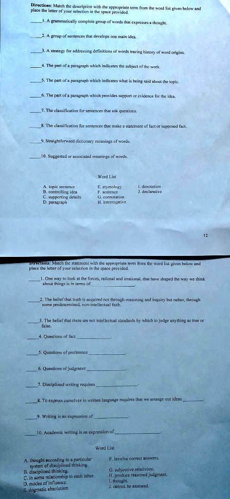 directionsmatch the description with the appropriate term from the word ...