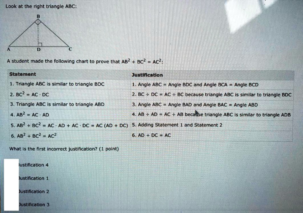 SOLVED:Look at the right trlangle ABC: A student made the following ...