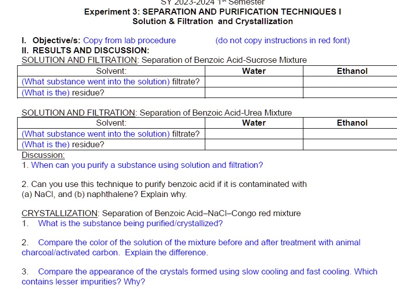 SOLVED: Texts: Experiment 3: SEPARATION AND PURIFICATION TECHNIQUES I ...